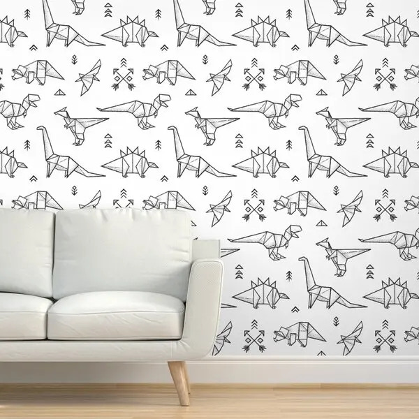 Spoonflower Black And White Geometric Outline Origami Custom Pre-pasted Wallpaper
