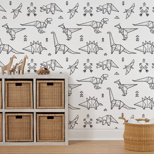 Spoonflower Black And White Geometric Outline Origami Custom Pre-pasted Wallpaper
