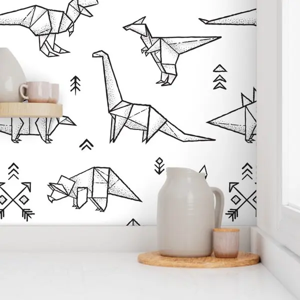 Spoonflower Black And White Geometric Outline Origami Custom Pre-pasted Wallpaper