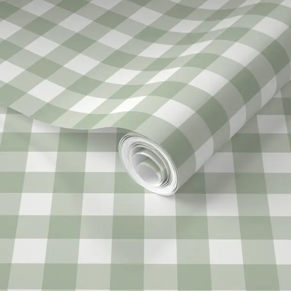 Spoonflower Gingham Check Medium Sage Green Buffalo Custom Pre-pasted Wallpaper - Green,gray