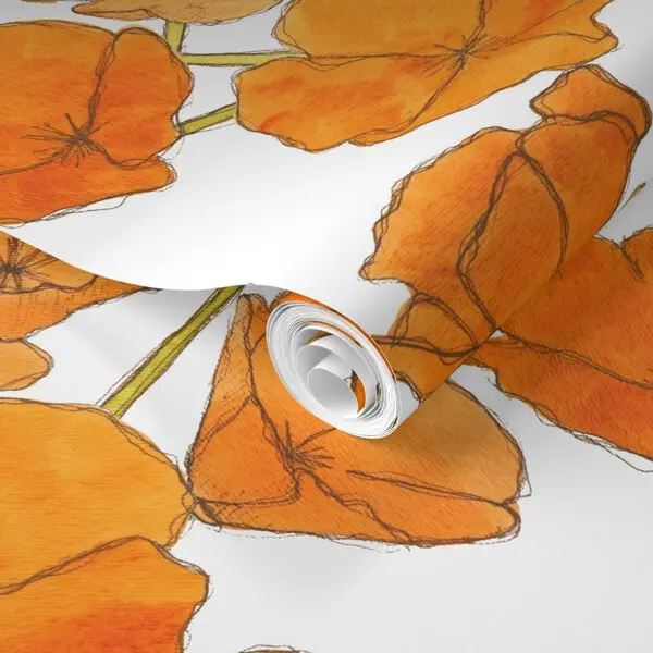 Spoonflower Orange Poppy Pattern Poppies Wild Flowers Custom Removable Wallpaper - Orange,white,gray