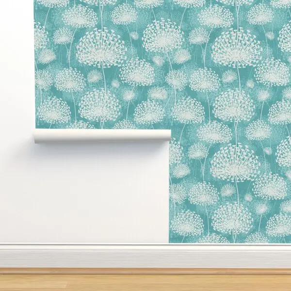 Spoonflower Dandelions Turquoise 100% Natural Sisal Grasscloth Wallcovering