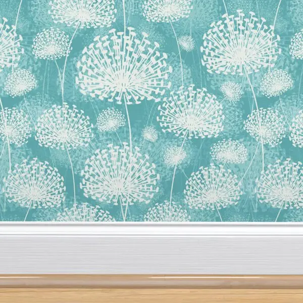 Spoonflower Dandelions Turquoise 100% Natural Sisal Grasscloth Wallcovering