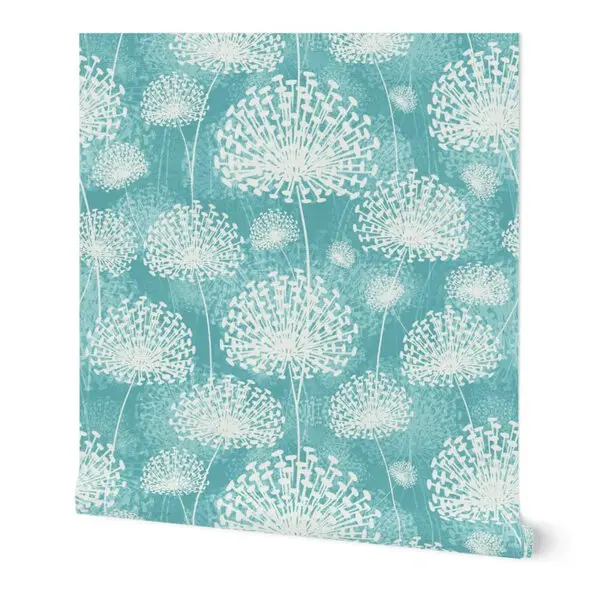 Spoonflower Dandelions Turquoise 100% Natural Sisal Grasscloth Wallcovering