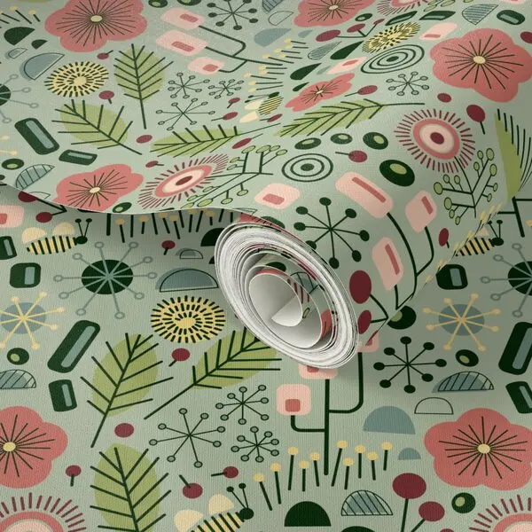 Spoonflower Atomic Garden 1950s Fifties Floral Retro Scene Custom Pre-pasted Wallpaper - Green,sage,brown