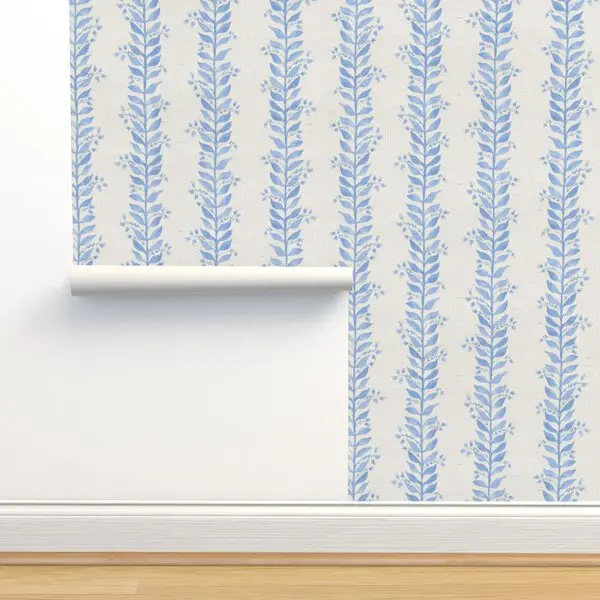 Spoonflower Amelia Cornflower On White 100% Natural Sisal Grasscloth Wallcovering