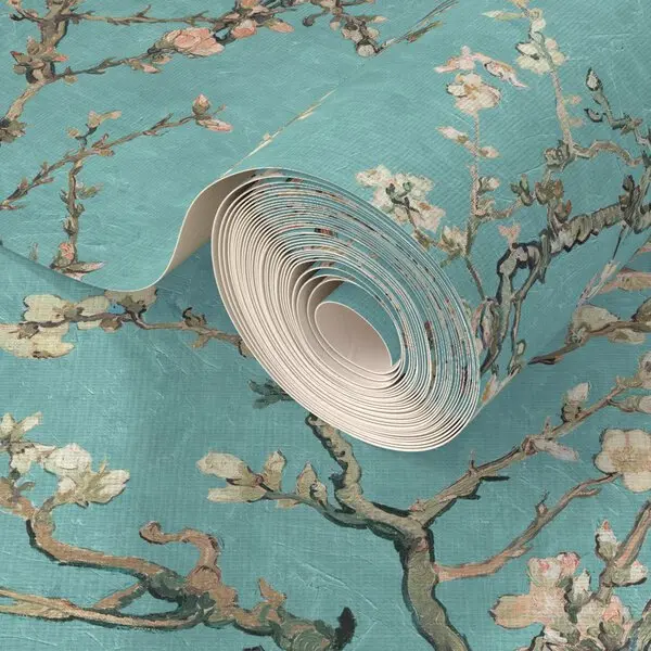Spoonflower Vincent Van Gogh Almond Blossom In Robin Egg Blue 100% Natural Sisal Grasscloth Wallcovering - Green,blue