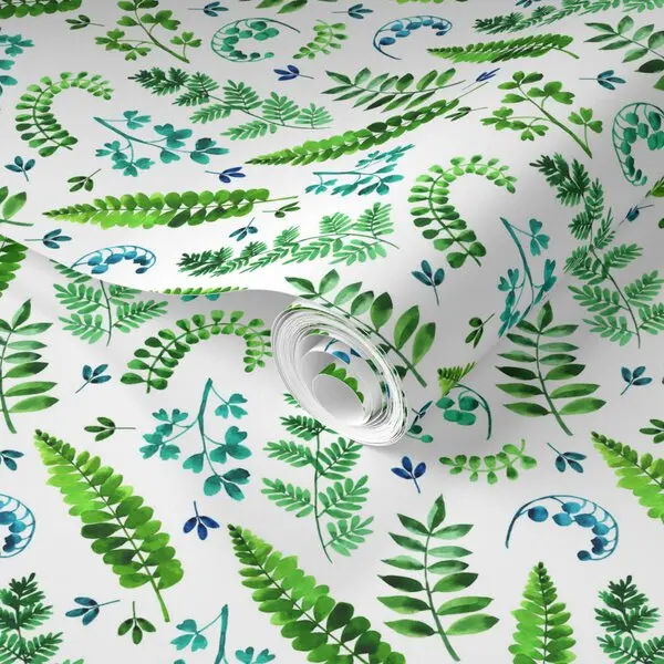 Spoonflower White Green Blue Leaves Nature Forest Grass Custom Pre-pasted Wallpaper - White,green,blue