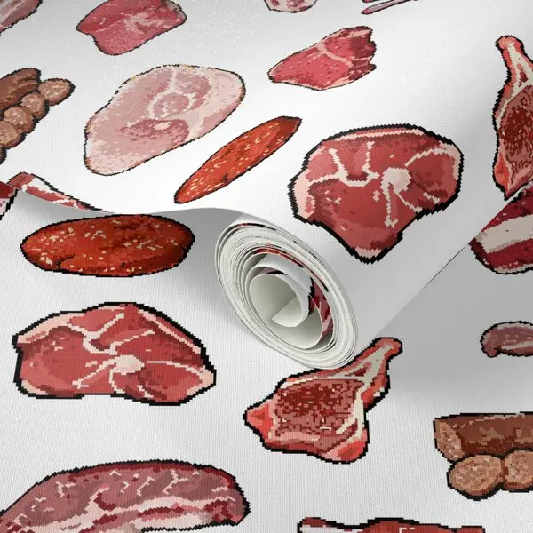 Spoonflower Meat Steak Hamburger Beef Meaty Tasty Carnivore Custom Removable Wallpaper - Gray,red,pink