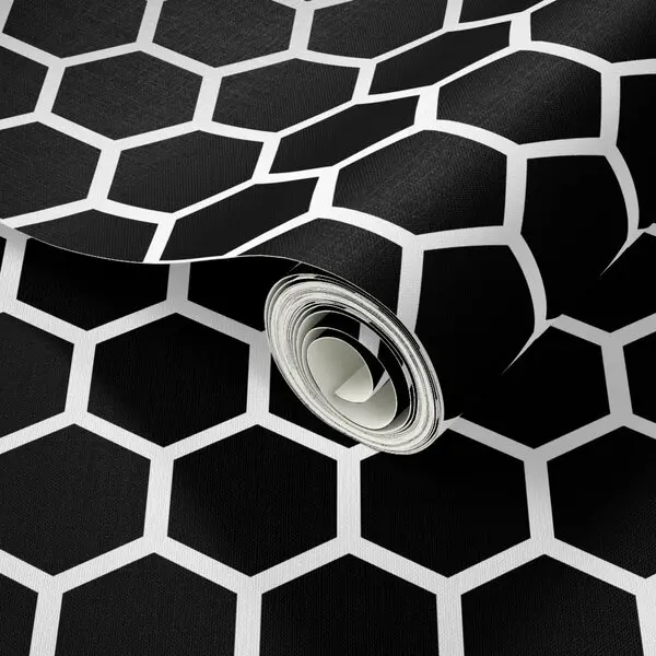 Spoonflower Honeycomb Hexagon Pattern Black White Collection Custom Pre-pasted Wallpaper - Black,white,gray