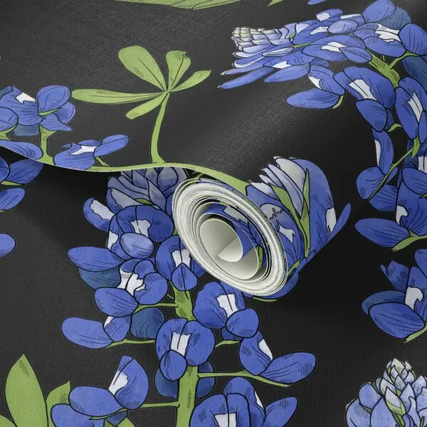 Spoonflower Jumbo Lupine Texas Bluebonnet Wildflowers Custom Pre-pasted Wallpaper - Blue,gray,green