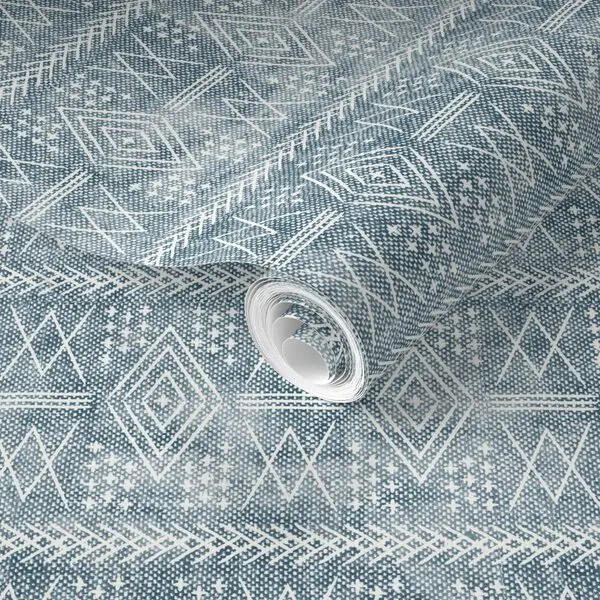 Spoonflower Vintage Moroccan Dusty Mudcloth Trendy Boho Custom Removable Wallpaper - Blue