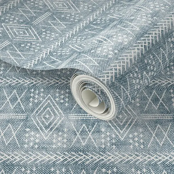 Spoonflower Vintage Moroccan Dusty Mudcloth Trendy Boho Custom Removable Wallpaper - Blue