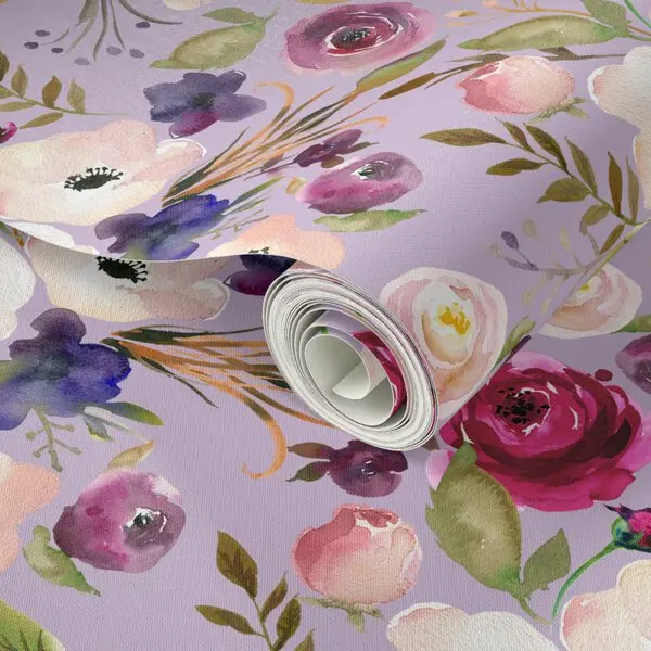 Spoonflower Pink Flowers Floral Nature Purple Peach Custom Removable Wallpaper - Red,purple,pink