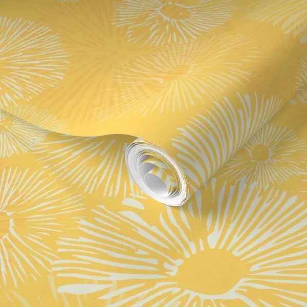 Spoonflower Forest Abstract Mushrooms Wild Yellow Custom Pre-pasted Wallpaper - Yellow,orange,beige