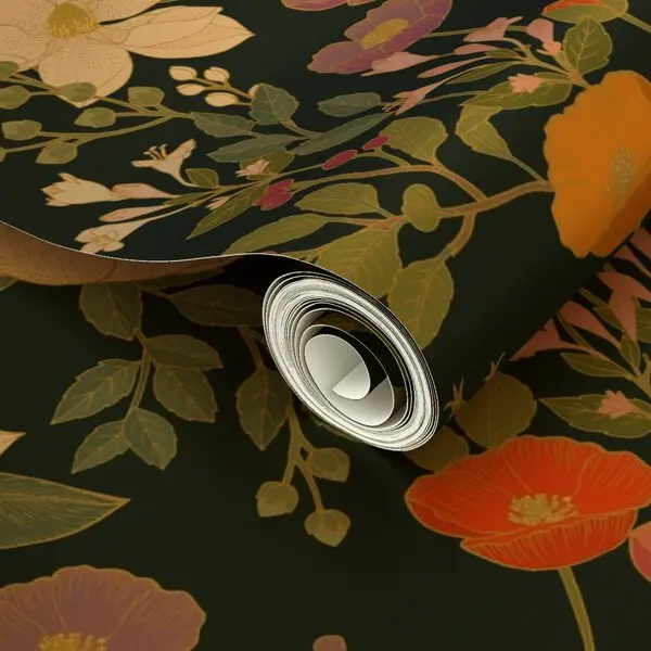 Spoonflower Floral Wallpaper Colourful Poppies Romantic Hand Custom Pre-pasted Wallpaper - Green
