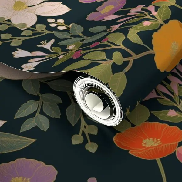 Spoonflower Floral Wallpaper Colourful Poppies Romantic Hand Custom Pre-pasted Wallpaper - Green