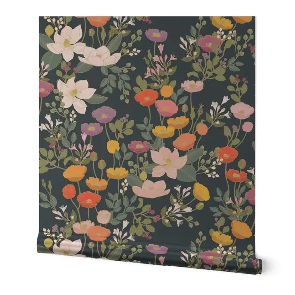 Spoonflower Floral Wallpaper Colourful Poppies Romantic Hand Custom Pre-pasted Wallpaper