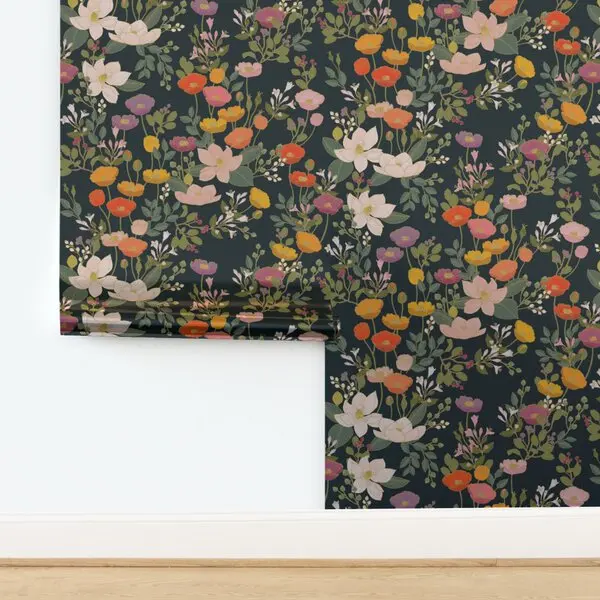 Spoonflower Floral Wallpaper Colourful Poppies Romantic Hand Custom Pre-pasted Wallpaper