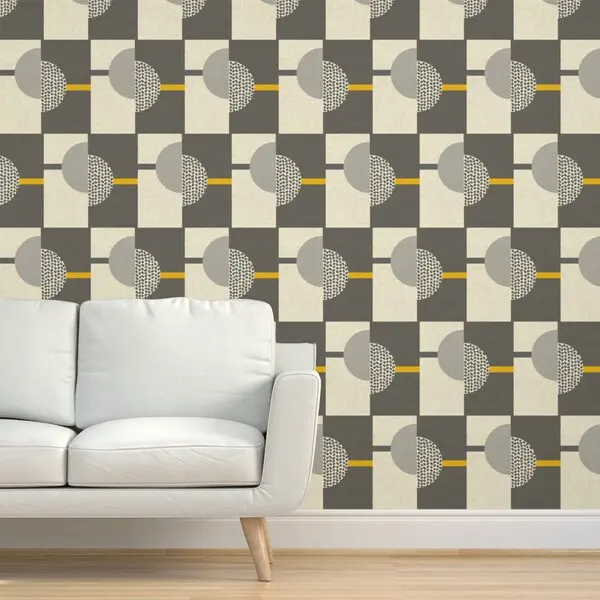 Spoonflower Textured Modern Geometric Art Deco Neutral Bauhaus 100% Natural Sisal Grasscloth Wallcovering - Beige,gray