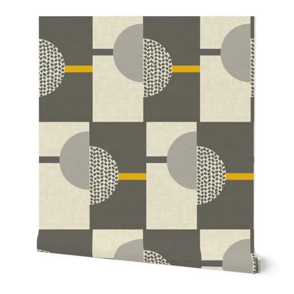 Spoonflower Textured Modern Geometric Art Deco Neutral Bauhaus 100% Natural Sisal Grasscloth Wallcovering - Beige,gray