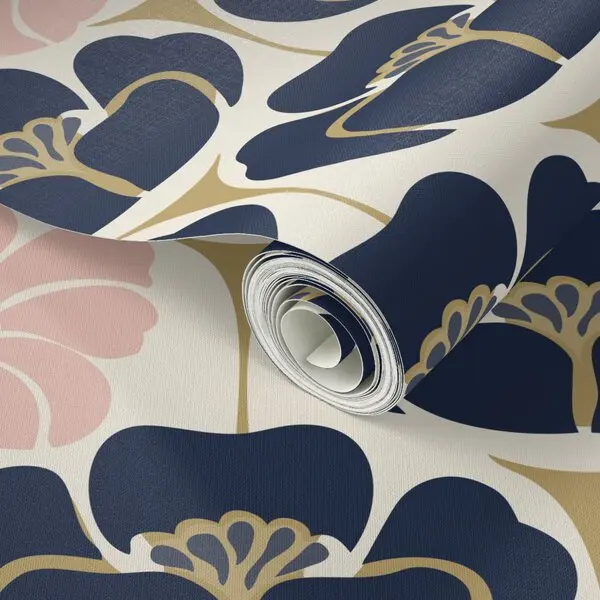 Spoonflower Floral Pink Cream 1920s Flowers Navy Indigo Gold Custom Pre-pasted Wallpaper - Blue,pink,beige
