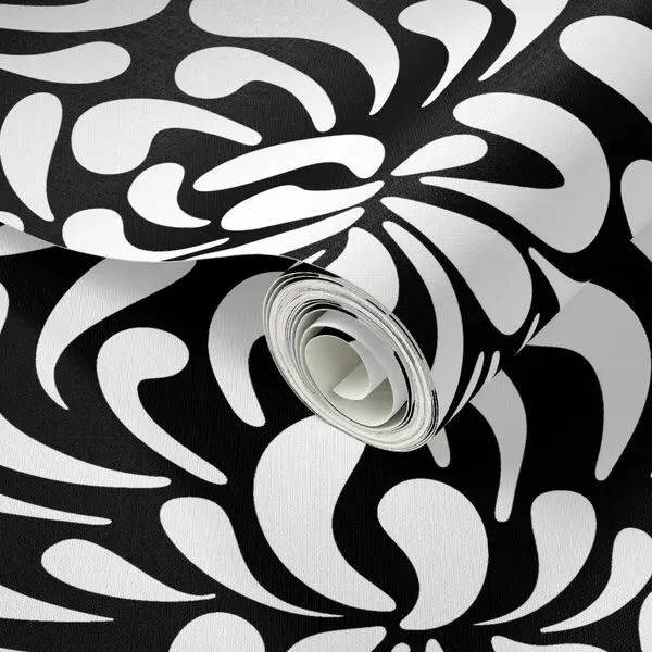 Spoonflower Chrysanthemum Black And White Monochrome Abstract Custom Removable Wallpaper - Black,white,gray