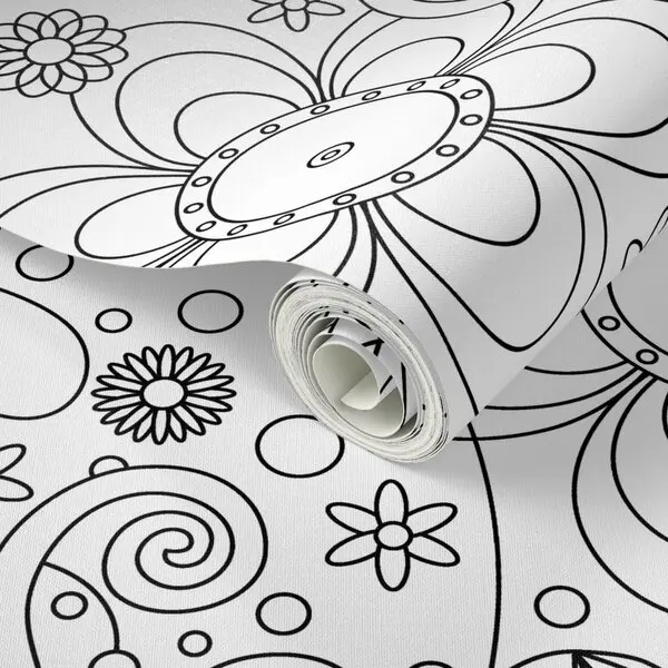 Spoonflower Black White Floral Colour Flower Coloring Book Custom Pre-pasted Wallpaper - White,black,gray