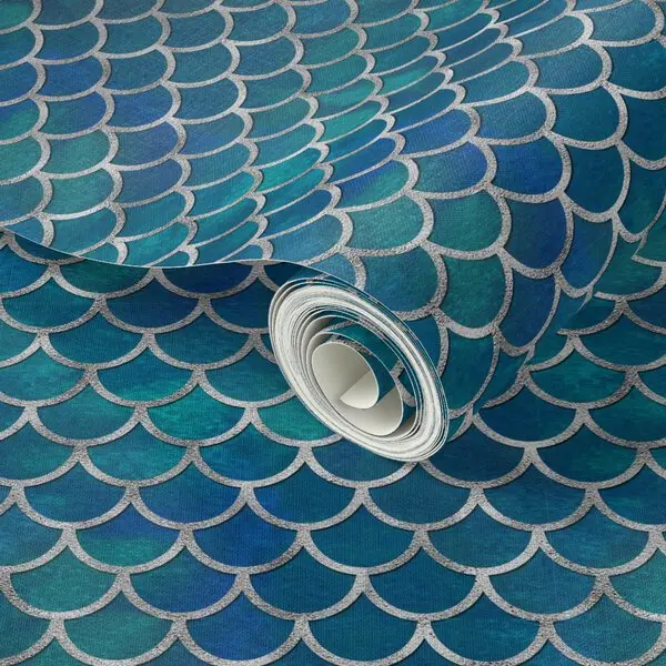 Spoonflower Mermaid Scales Tail Blue Green Silver Juliet Chase Custom Removable Wallpaper - Green,blue,aqua