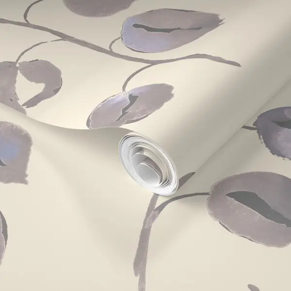 Spoonflower Flower Leaves Floral Nature Purple Leaf Custom Pre-pasted Wallpaper - Purple,ivory,beige