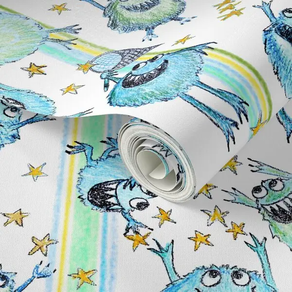 Spoonflower Monster Crayon Hand Drawn Custom Pre-pasted Wallpaper - Mint,blue,gray