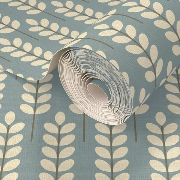 Spoonflower Stems On Pale 100% Natural Sisal Grasscloth Wallcovering - Blue