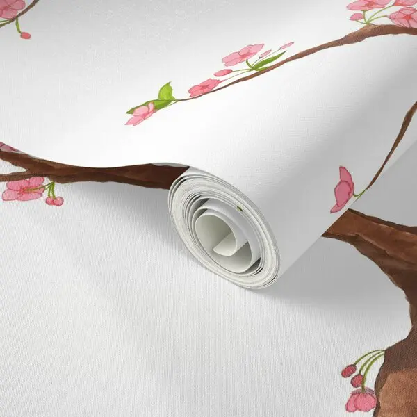 Spoonflower Chinoiserie Cherry Blossoms Butterfly Floral Pink Custom Removable Wallpaper - White,pink,gray