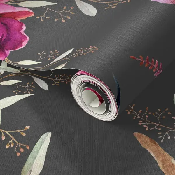 Spoonflower Bohemian Holidays Gray Boho Feather Purple Flowers Custom Pre-pasted Wallpaper - Gray,pink,black