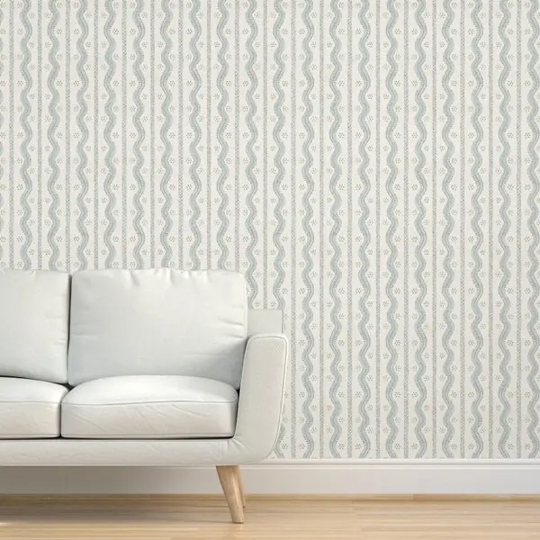 Spoonflower Andrew Stripe Soft Blue And Greens On White Cream1 100% Natural Sisal Grasscloth Wallcovering - Green