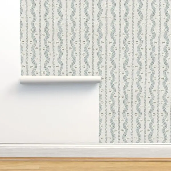Spoonflower Andrew Stripe Soft Blue And Greens On White Cream1 100% Natural Sisal Grasscloth Wallcovering - Green