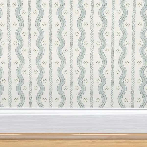 Spoonflower Andrew Stripe Soft Blue And Greens On White Cream1 100% Natural Sisal Grasscloth Wallcovering - Green