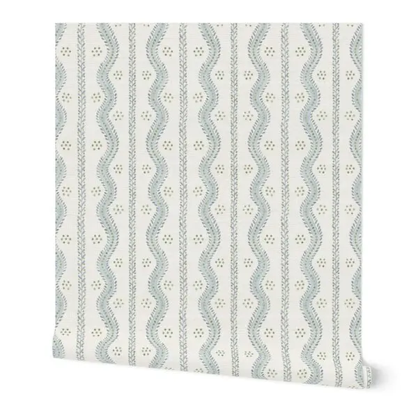 Spoonflower Andrew Stripe Soft Blue And Greens On White Cream1 100% Natural Sisal Grasscloth Wallcovering - Green