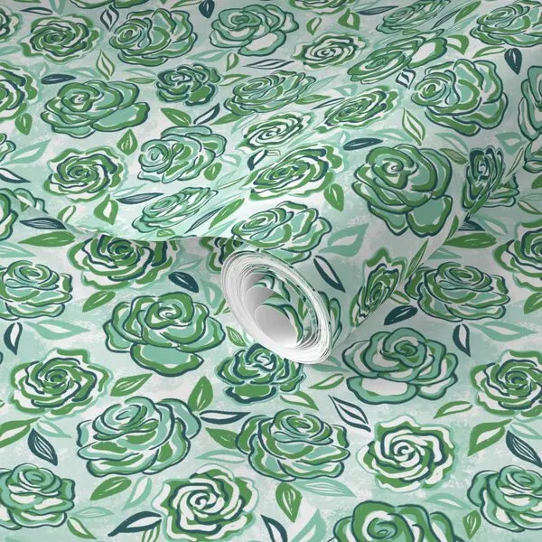 Spoonflower Green Floral Modern Colourful Hand Drawn Roses Custom Pre-pasted Wallpaper - Green,mint