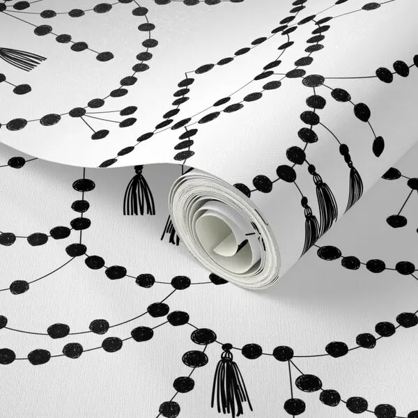 Spoonflower Pom Tassel Garland Bunting Black And White Custom Pre-pasted Wallpaper - Black,white,gray