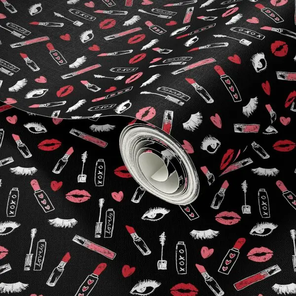 Spoonflower Black Kiss Lips Eyes Valentine Custom Removable Wallpaper - Black,pink,red