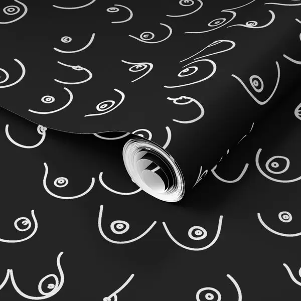Spoonflower Black Doodle Breast Naked Custom Pre-pasted Wallpaper - Black,white,gray
