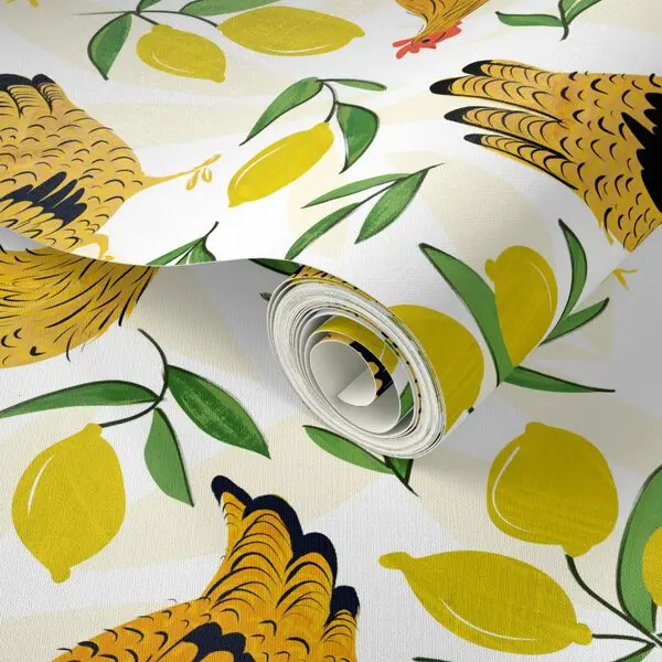 Spoonflower Chickens Italy Lemons Citrus Farming Custom Removable Wallpaper - Green,brown