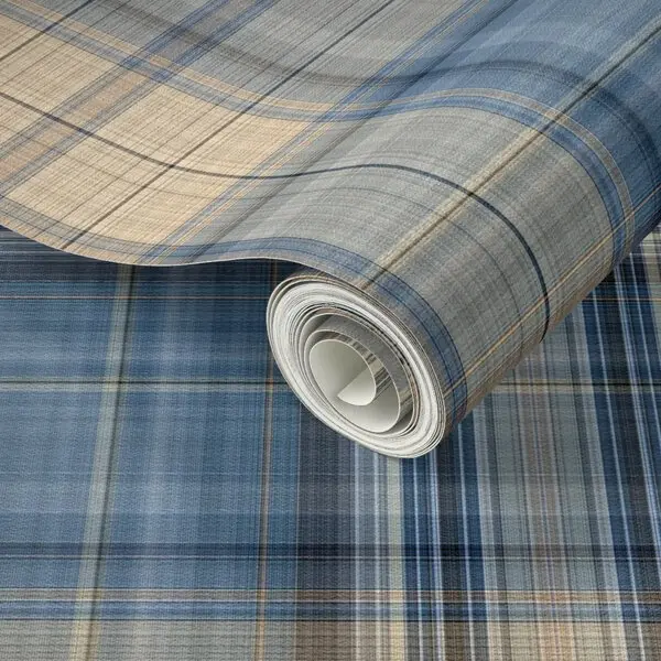 Spoonflower Plaid Blue Beige Tartan Gingham Classic Nursery Custom Pre-pasted Wallpaper - Beige,blue