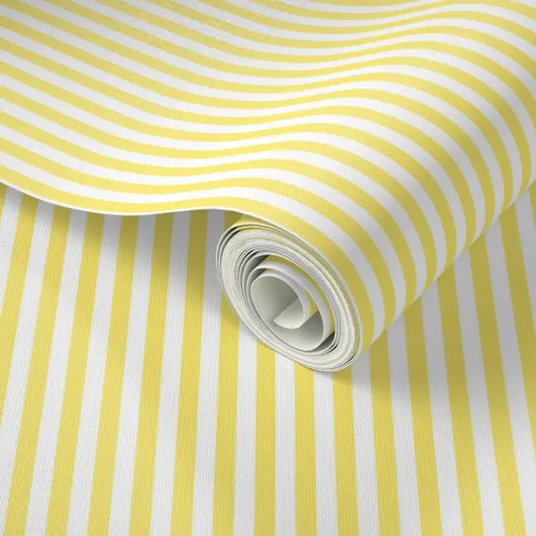 Spoonflower Stripes Vertical Lemon Yellow Striped Custom Pre-pasted Wallpaper - Gray,yellow