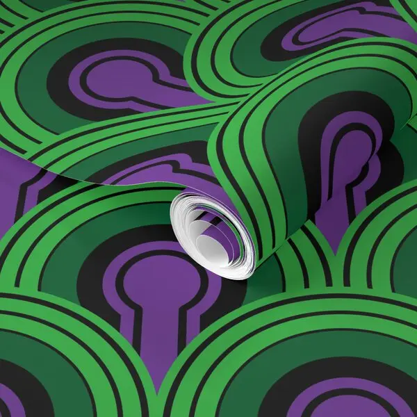 Spoonflower Peacock Feather Purple And Green Geometric Pattern Custom Pre-pasted Wallpaper - Green,purple