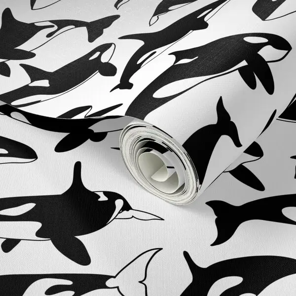 Spoonflower Black White Whale Nursery Custom Pre-pasted Wallpaper - Black,white,gray