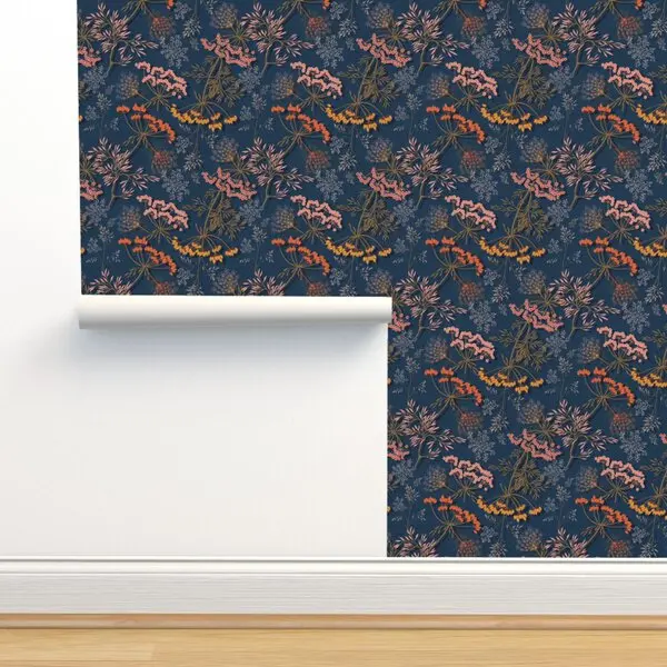 Spoonflower The Wild Grasses Garabateo 100% Natural Sisal Grasscloth Wallcovering - Blue,pink,brown
