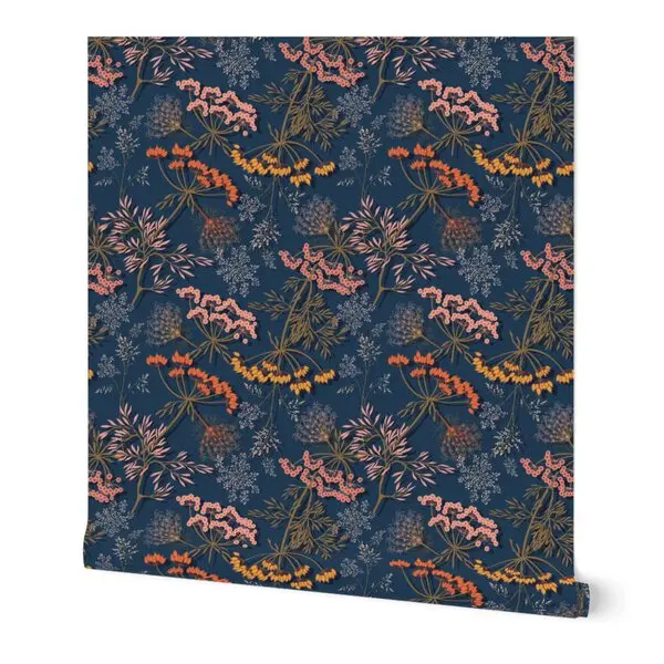 Spoonflower The Wild Grasses Garabateo 100% Natural Sisal Grasscloth Wallcovering - Blue,pink,brown