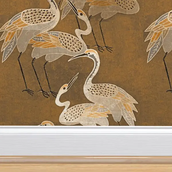 Spoonflower Deco Cranes Bronze Age Large Scale 100% Natural Sisal Grasscloth Wallcovering - Brown,beige